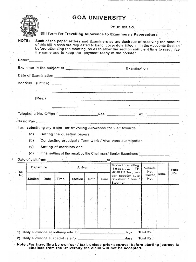 Goa University TA Bill Format | PDF