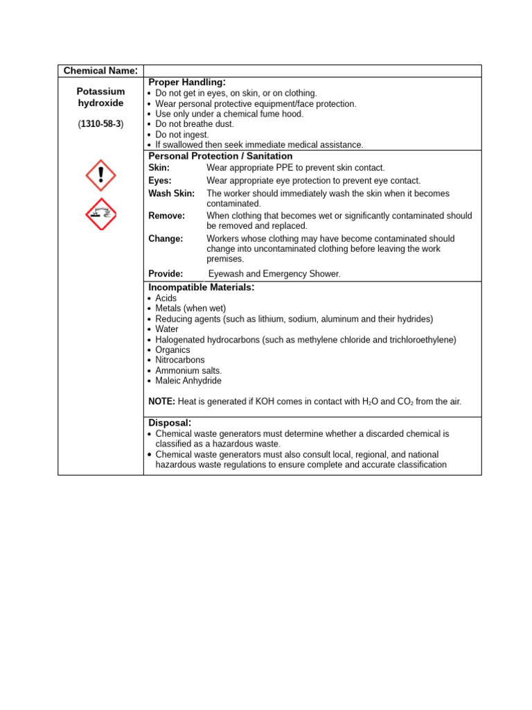 Proper Handling and Safe Storage -POTASSIUM HYDROXIDE | PDF