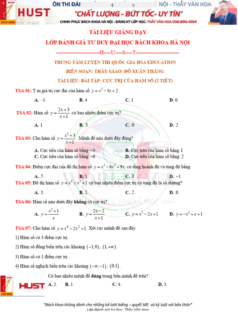 B03 - B04 - TSA - TOÁN - BT - CỰC TRỊ CỦA HÀM SỐ | PDF