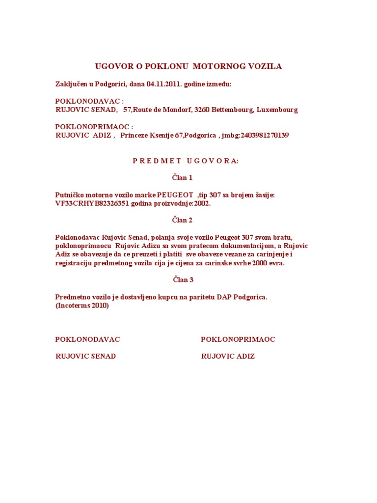 Ugovor o Poklonu Vozila | PDF