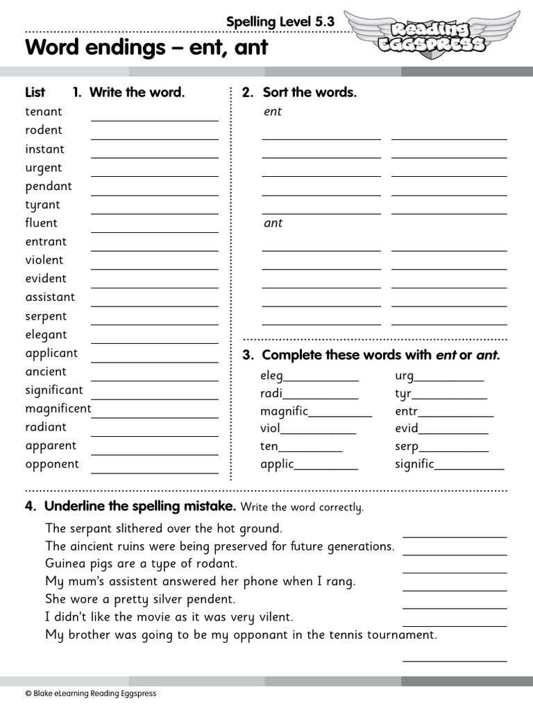 Year 5 Spelling: Ent and Ant Words | PDF