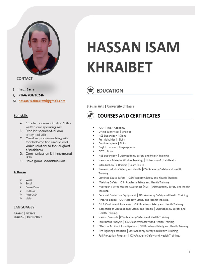 Hassan Isam Khraibet (CV) | PDF | Safety | Occupational Safety And Health