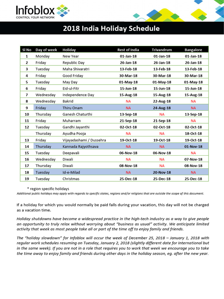 2018 All India Holiday Schedule | PDF | Traditions | Religious Holidays