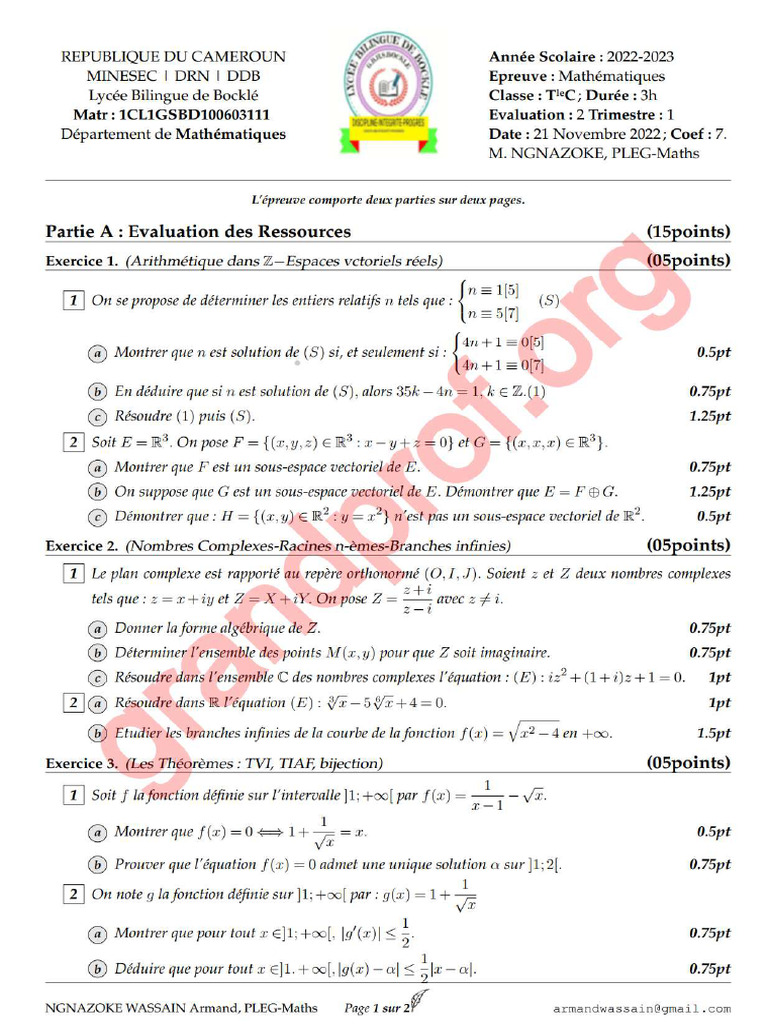 Maths TleC Evaluation2 Lycee Bilingue Bockle 2022 2023 | PDF