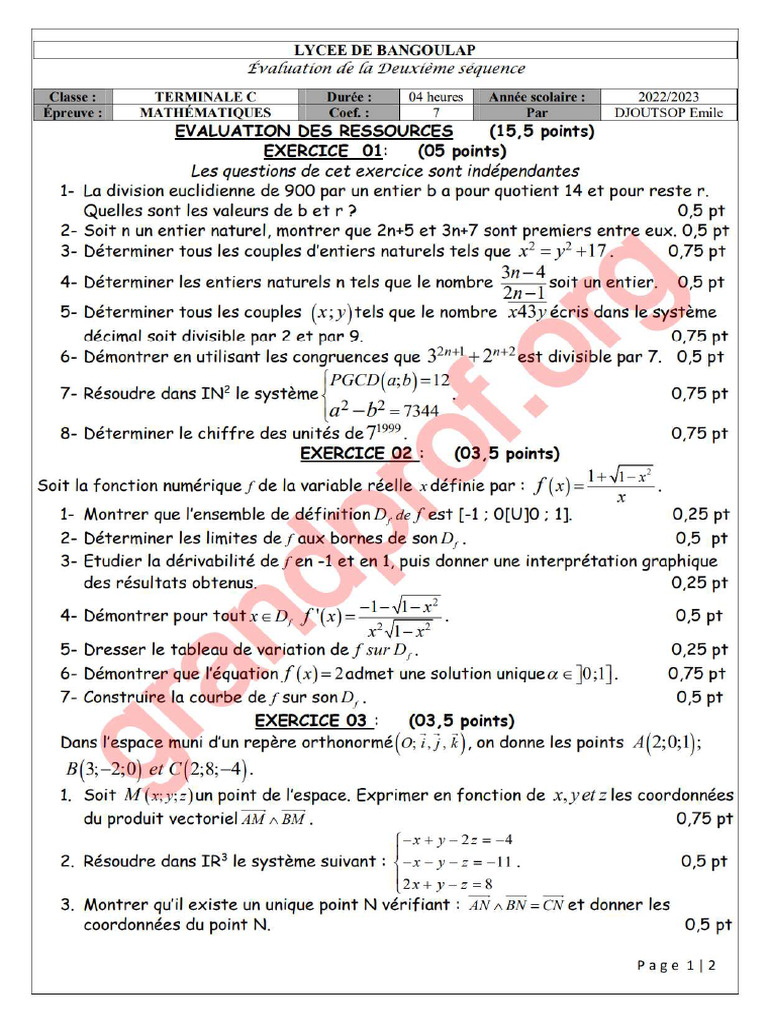 Maths TleC Evaluation2 Lycee Bangoulap 2022 2023 | PDF