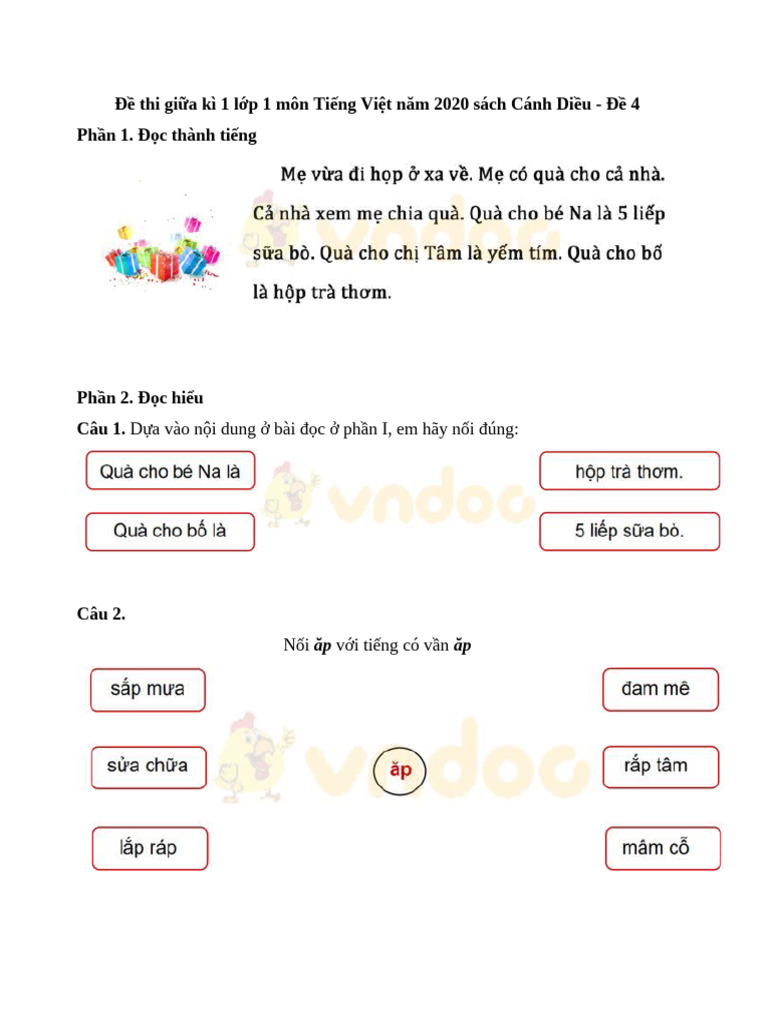 De Thi Giua Ki 1 Lop 1 Mon Tieng Viet Nam 2020 Sach Canh Dieu de 4 | PDF