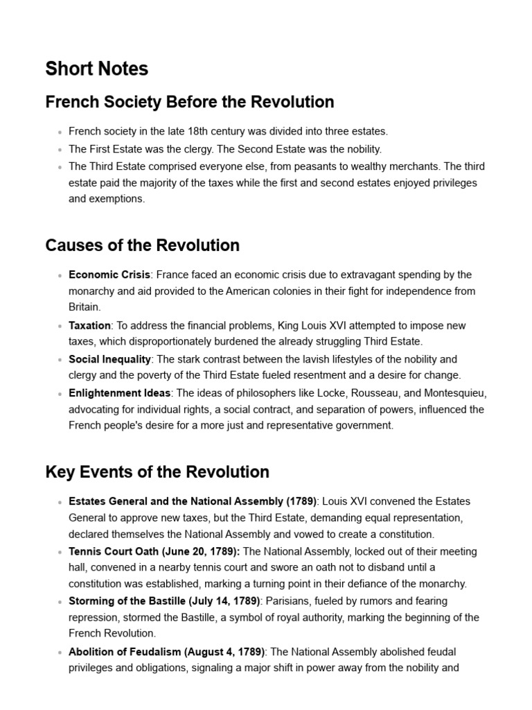 French Revolution - Class 9 - Short Notes | PDF