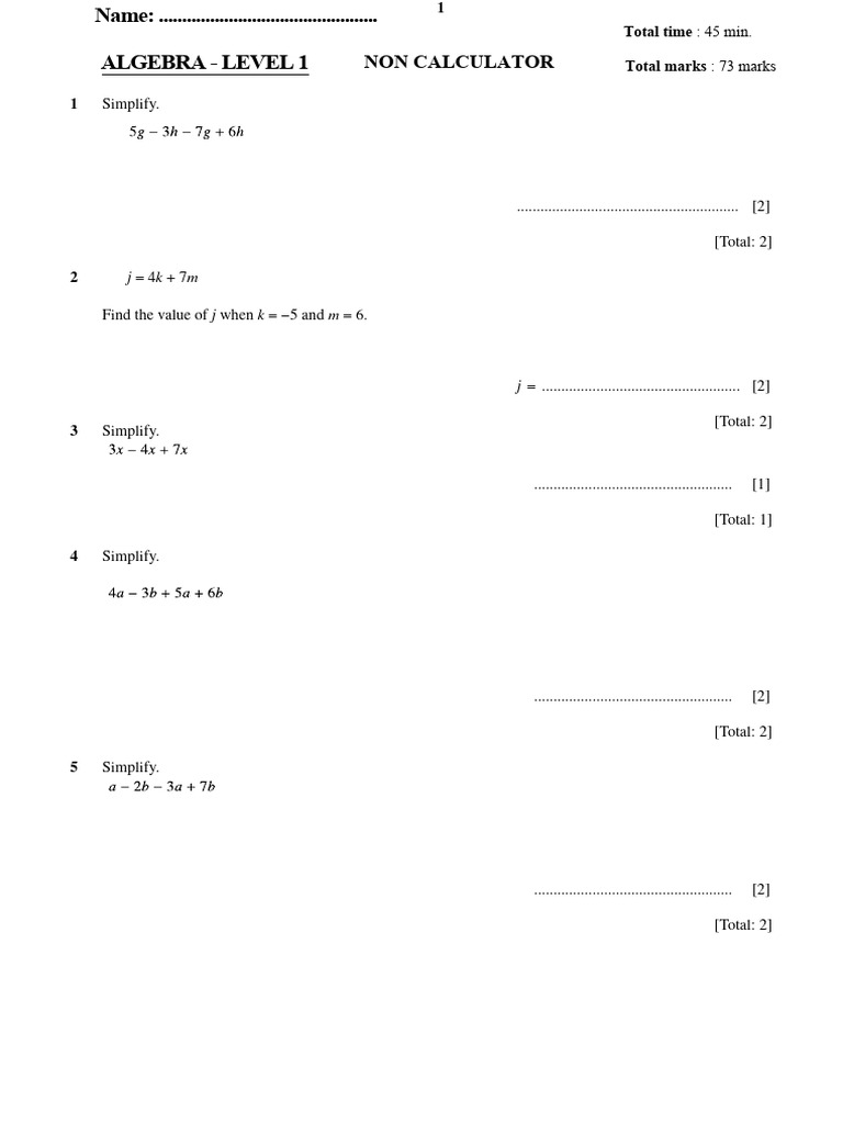 Algebra - Level 1 | PDF | Algebra | Mathematical Objects