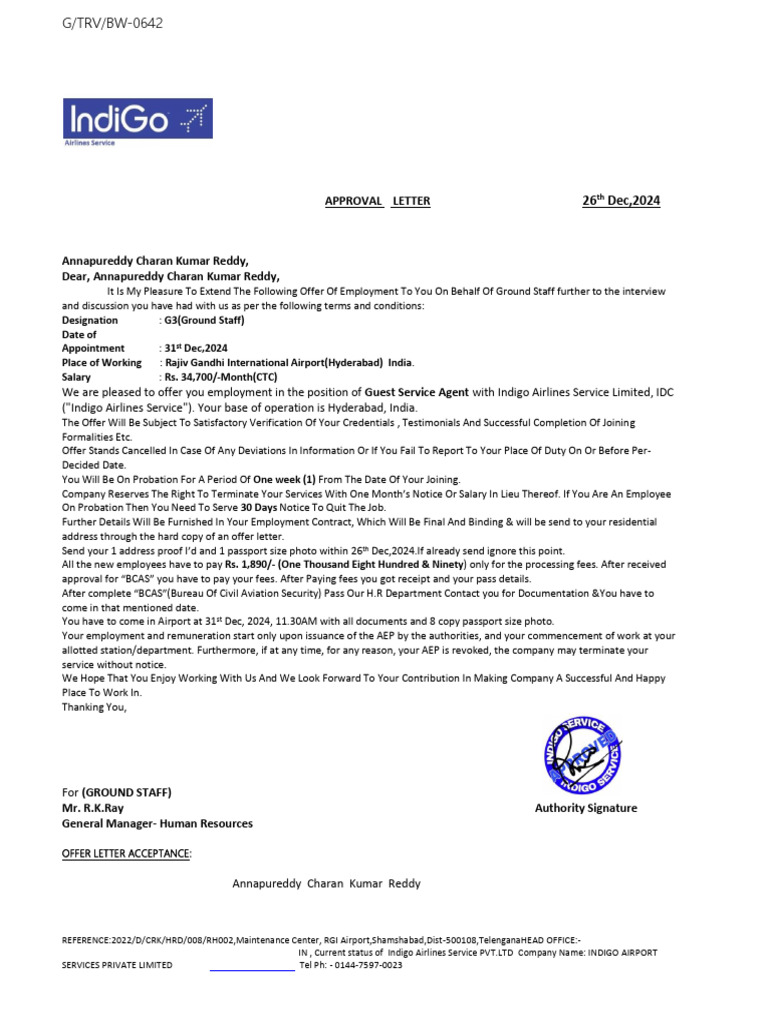 Letter of Annapureddy Charan Kumar Reddy | PDF