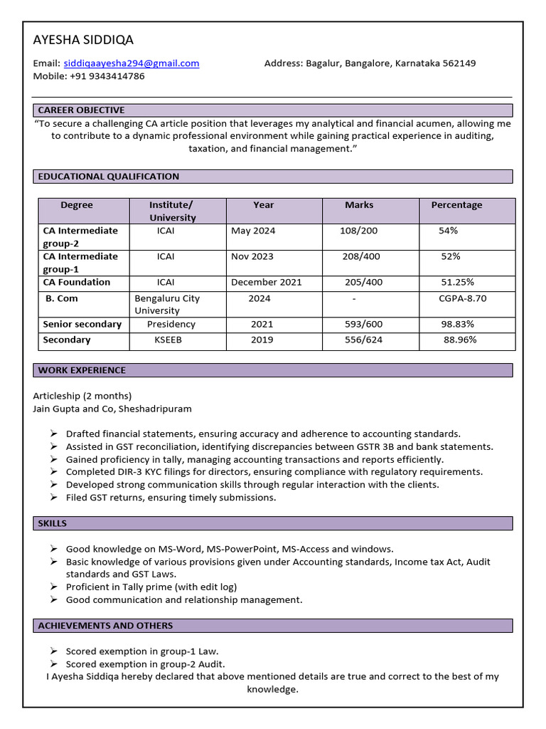 CA Articleship Resume of Ayesha Siddiqi | PDF