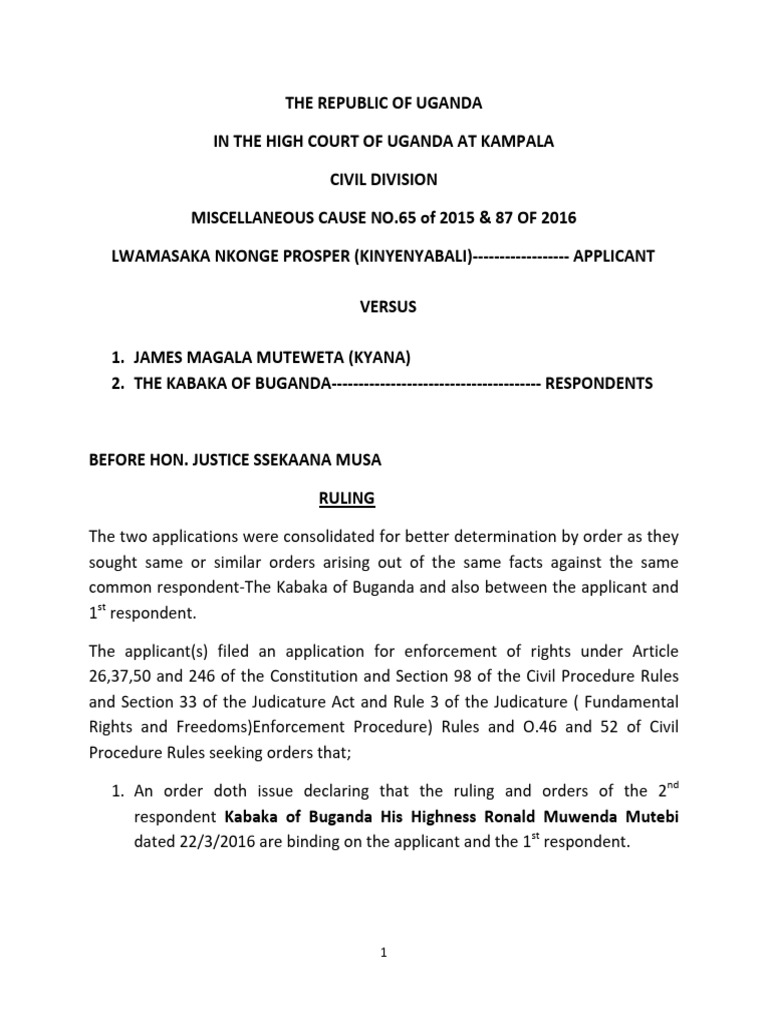 Kabaka of Buganda Ruling-Lwamasaka-Nkonge-Prosper-Vs-The-Kabaka-Of-Buganda | PDF | Jurisdiction ...