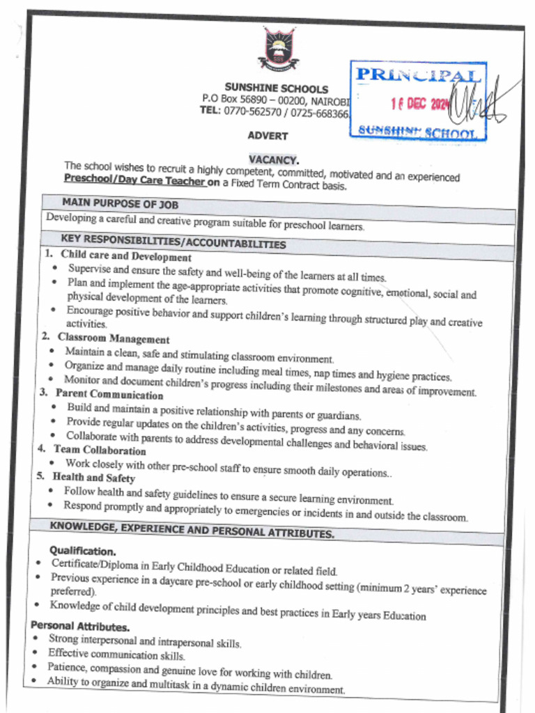 Preschool Teacher Job Advertisement 2024 | PDF