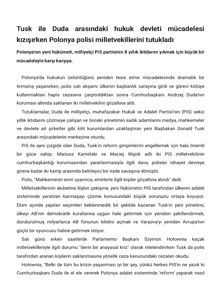Tusk ile Duda Arasındaki Hukuk Devleti Mücadelesi | PDF
