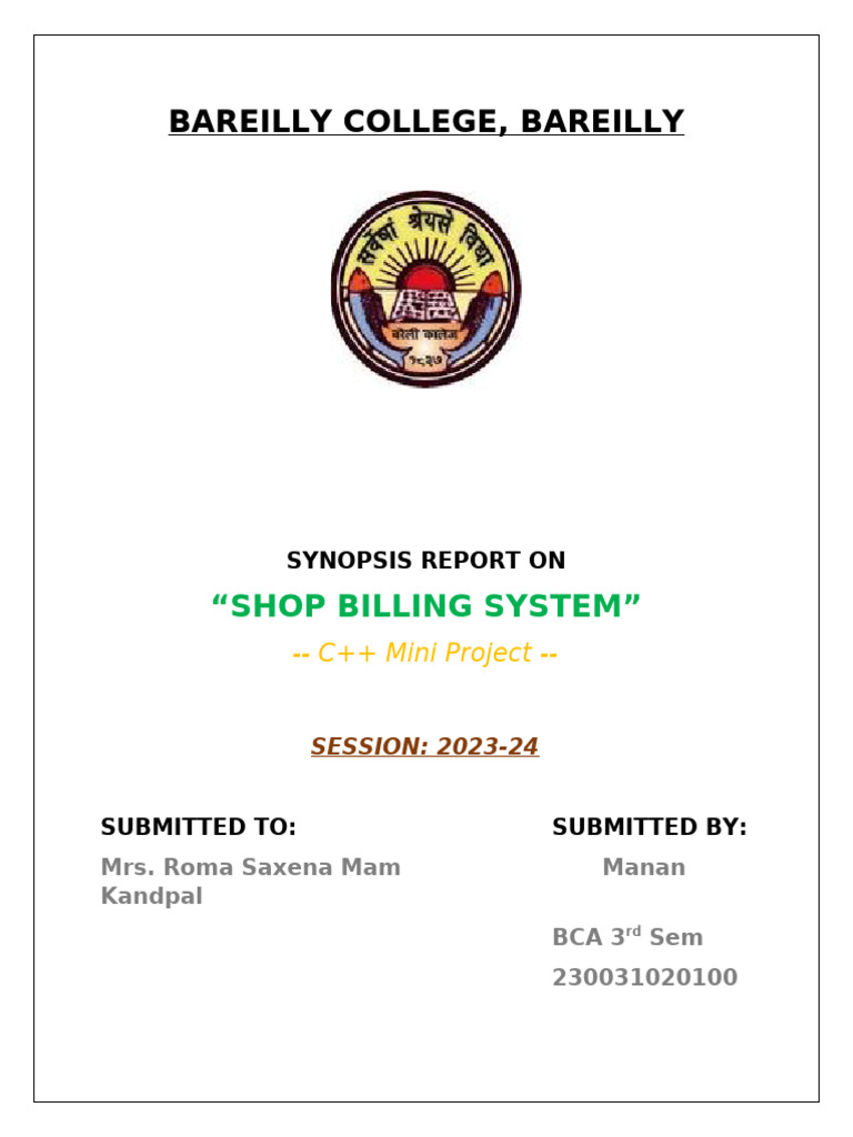 Synopsis - Shop Billing System (C) Bareilly College | PDF | Software | Computer Science