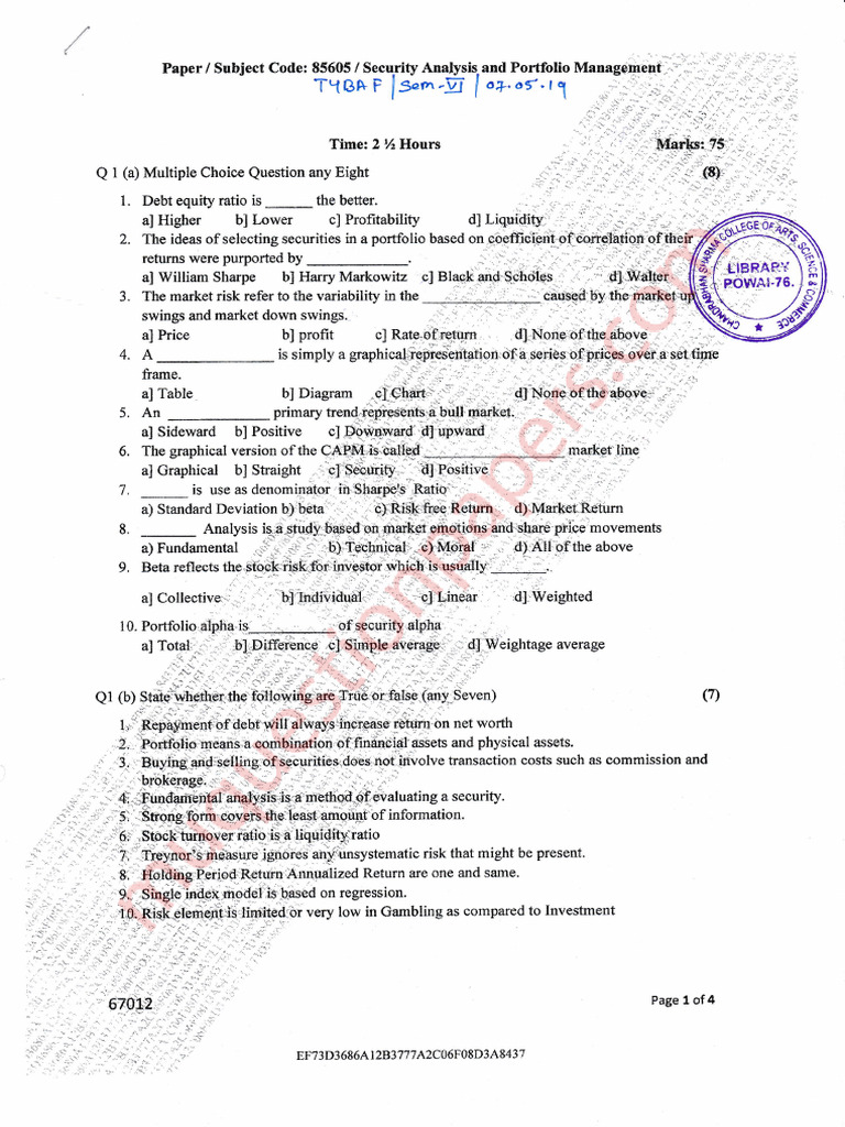 Security Analysis & Portfolio Management | PDF | Capital Asset Pricing ...