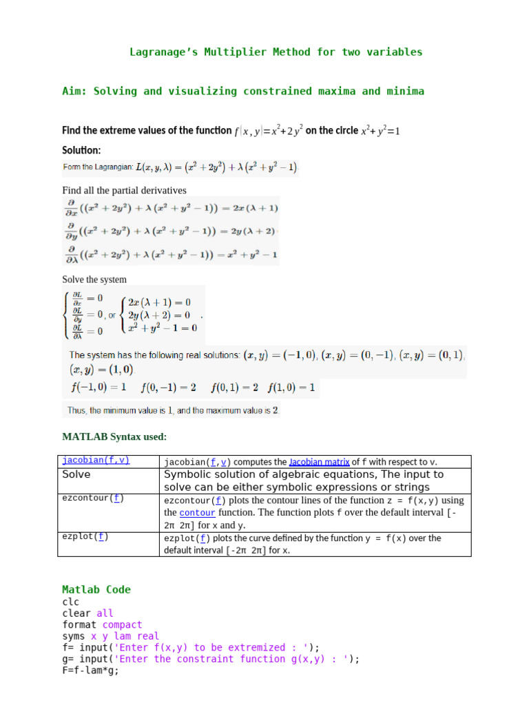 Lagranage's Multiplier Method For Two Variables | PDF