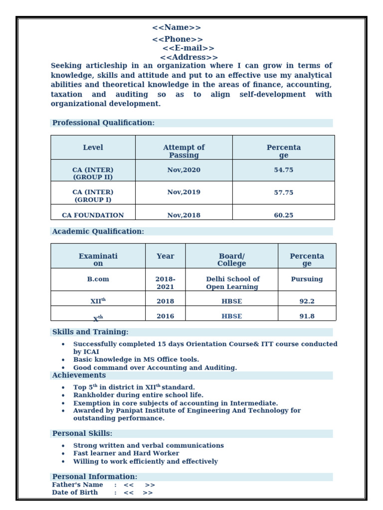 Articleship Resume for CA Aspirant | PDF