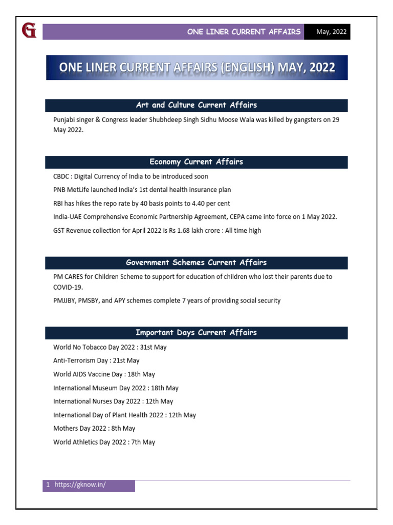 May 2022 One-Liner Current Affairs | PDF | United Arab Emirates