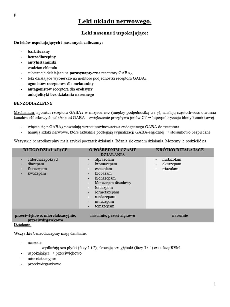 Leki Układu Nerwowego.: Leki Nasenne I Uspokajające | PDF