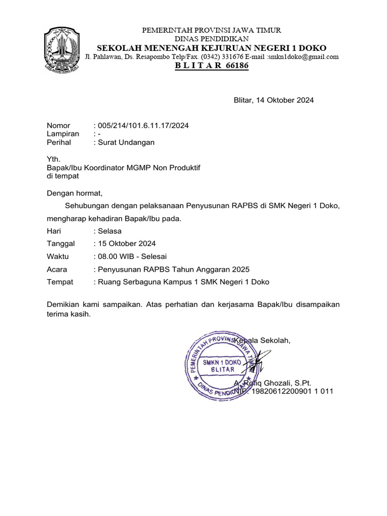 Undangan Penyusunan RAPBS SMK Doko | PDF