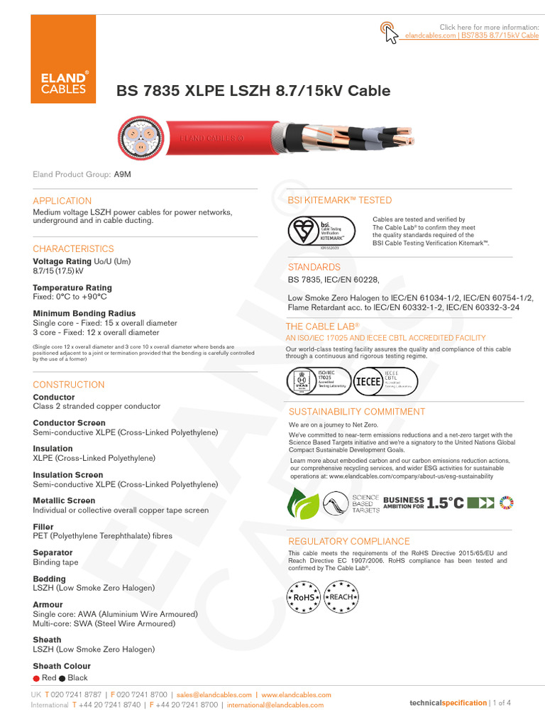 Bs 7835 Xlpe LSZH 15kv Cable | PDF | Electrical Engineering | Electricity