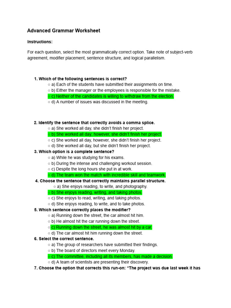 Advanced Grammar Worksheet | PDF | Language Mechanics | Linguistics