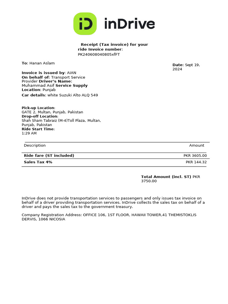 Ride Receipt for Hanan Aslam | PDF