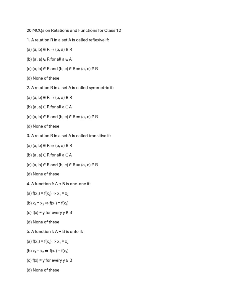 Class 12 Relations & Functions Quiz | PDF | Mathematical Logic ...