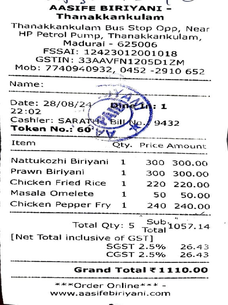 Aasife Biriyani Bill | PDF