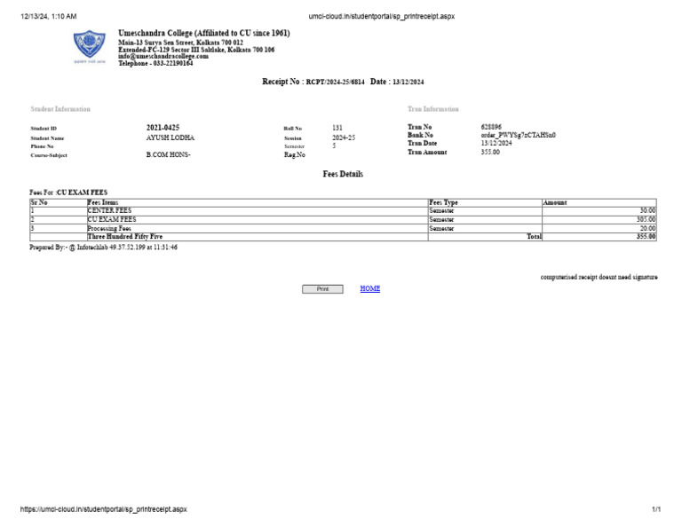 CU FEES RECEIPT | PDF