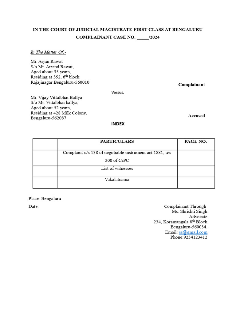 Complaint Under IPC Sec 200 & 138 NI Act | PDF | Cheque | Public Law