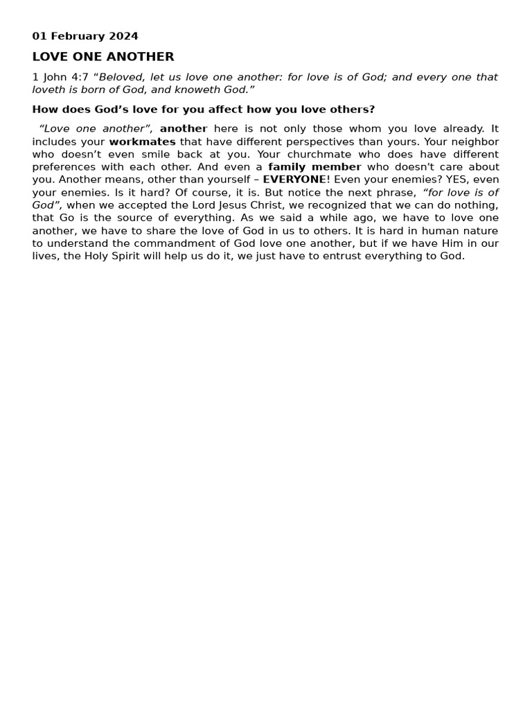 01 Feb 2024 - LOVE ONE ANOTHER (1 John 4 - 7) | PDF