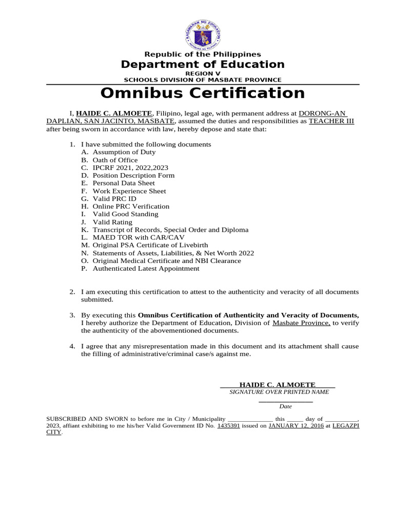 Omnibus Certification for Teacher III | PDF