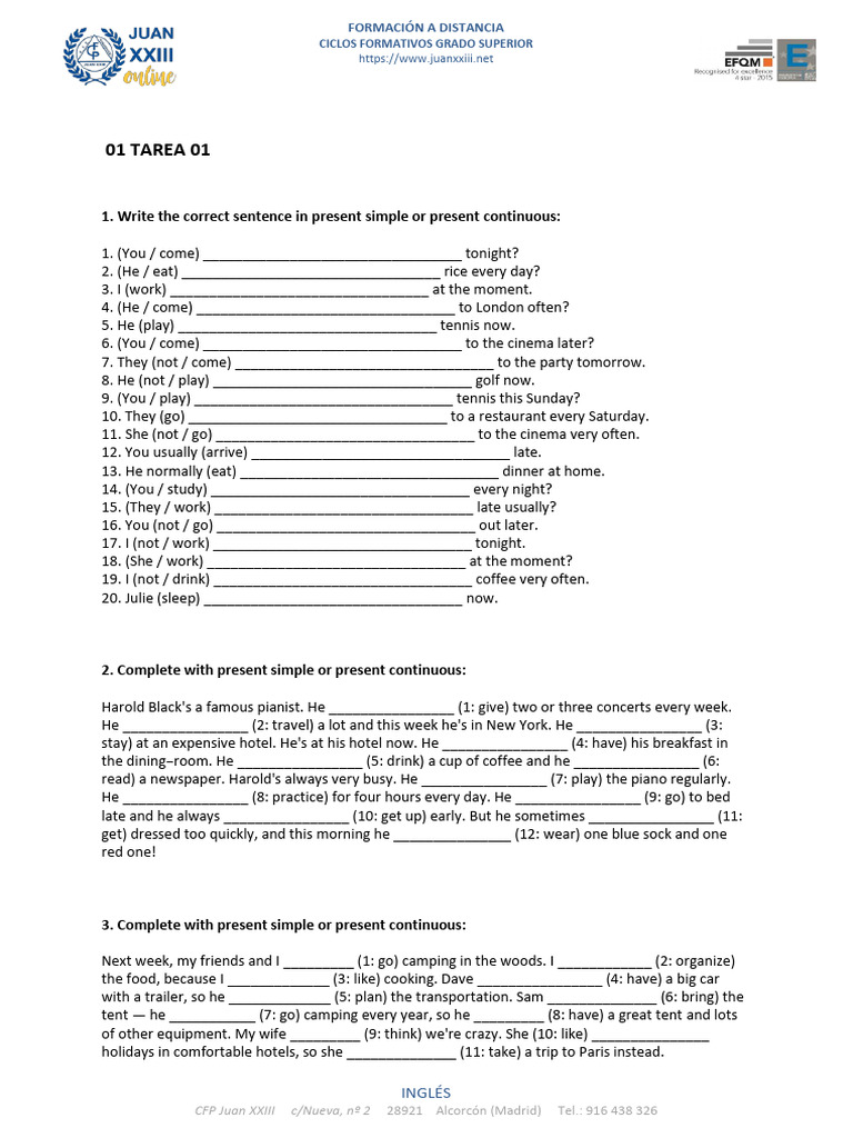 01 03 PRESENT SIMPLE Vs PRESENT CONTINUOUS Homework | PDF