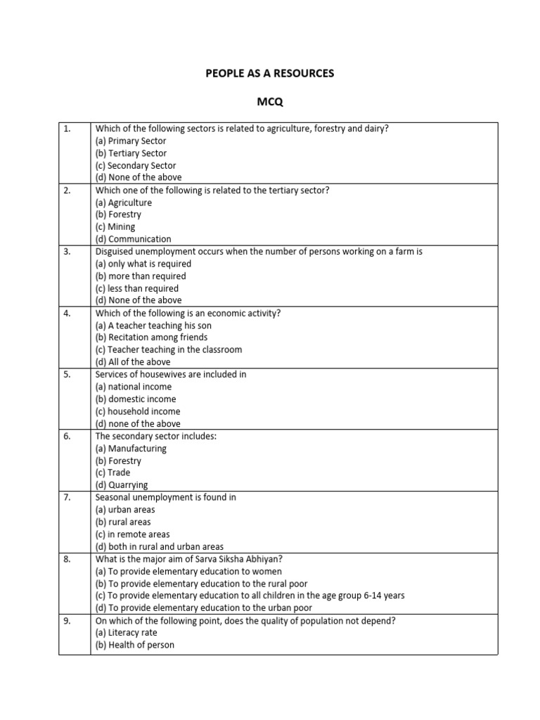 Ppl as Resource Mcqs | PDF | Unemployment | Economies