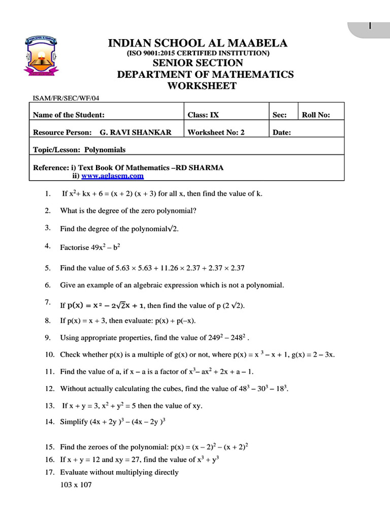 Almaaebela 9 Th Std -Ch 2 Polynomials Worksheet (2) | PDF