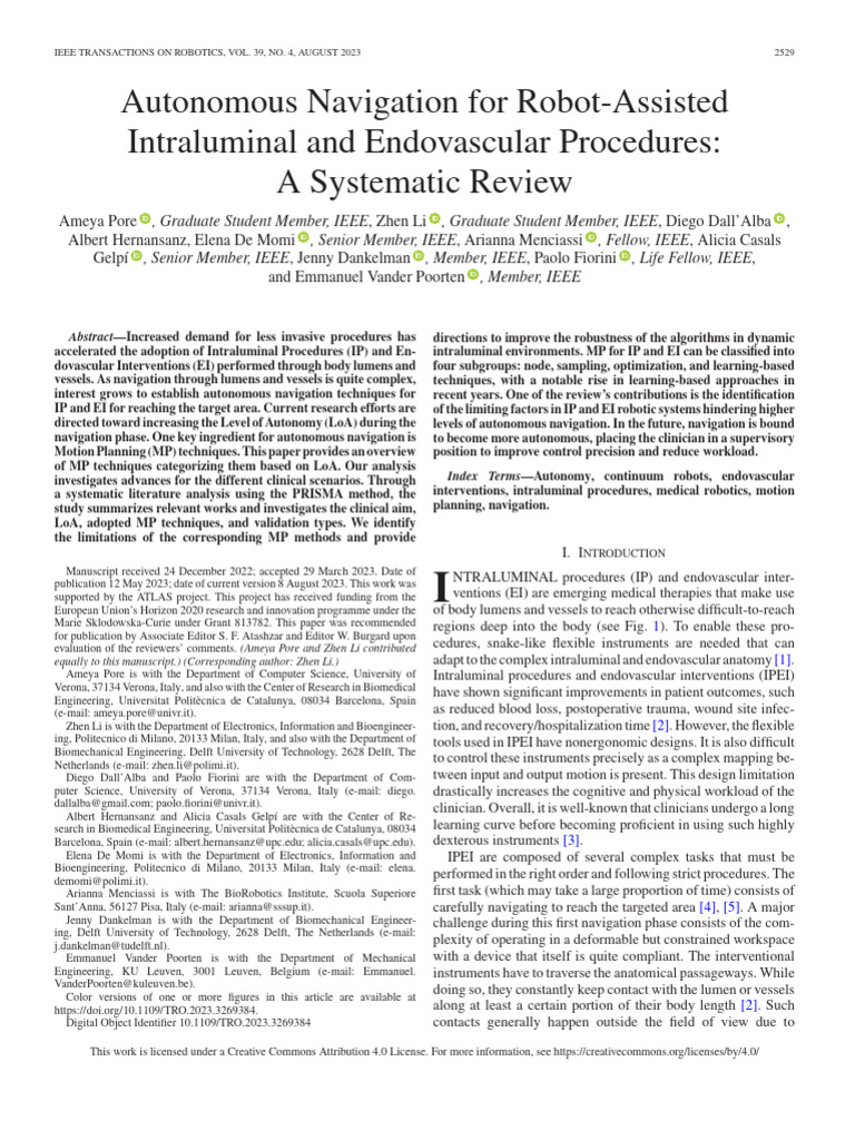 Autonomous Navigation For Robot-Assisted Intraluminal and Endovascular Procedures A Systematic ...