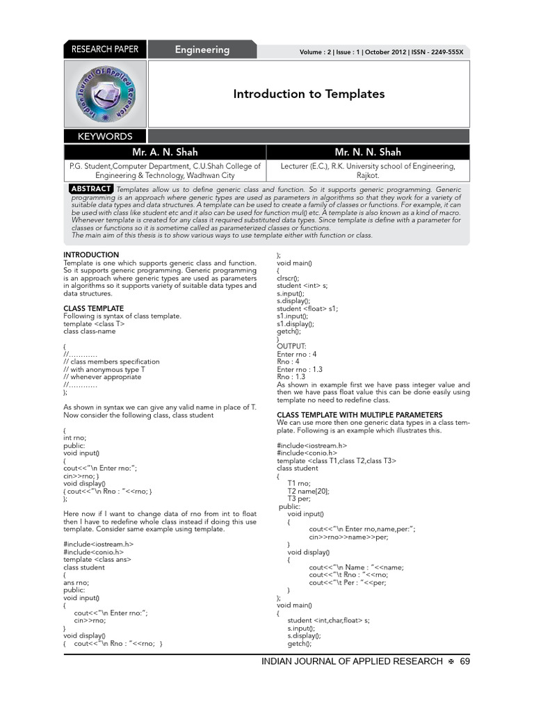 Introduction To Templates Pdf Parameter Computer Programming Computer Science