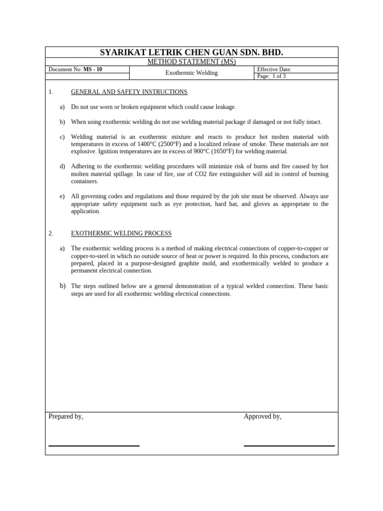 MS-10 Method Statement (Exothermic Welding) | PDF | Welding | Construction