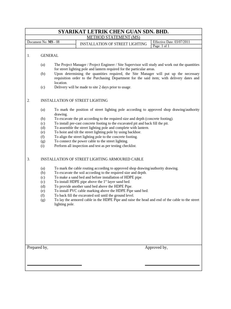 MS-08 Method Statement (Street Lighting) | PDF