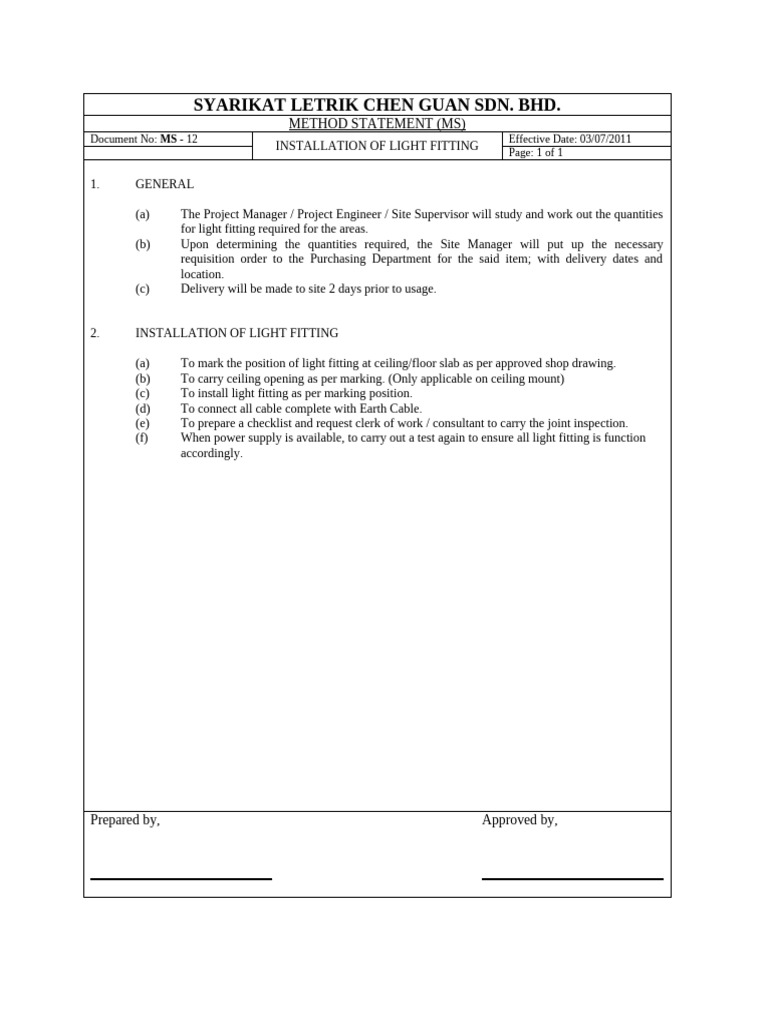 MS-12 Method Statement (Light Fitting) | PDF