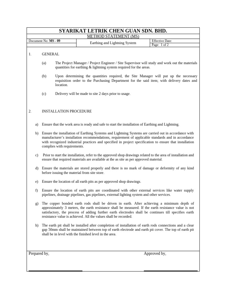 MS-09 Method Statement (Earthing & Lightning System) | PDF | Specification (Technical Standard ...