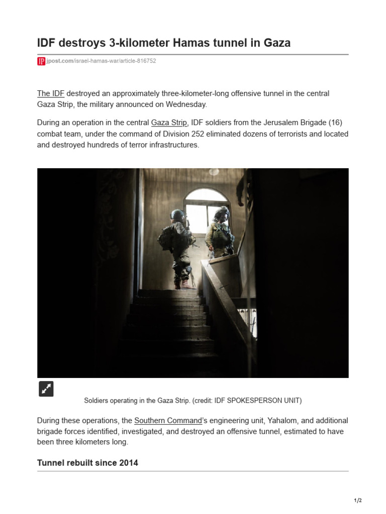 jpost.com-IDF destroys 3-kilometer Hamas tunnel in Gaza | PDF