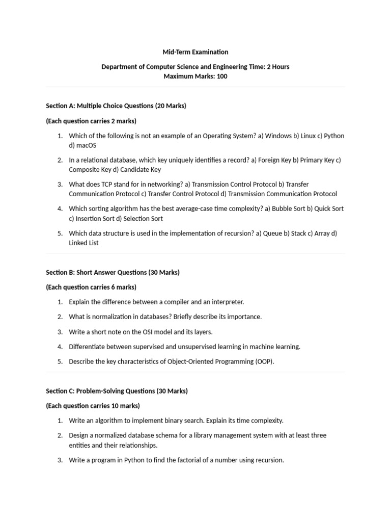 Computer Science Mid-Term Exam Guide | PDF
