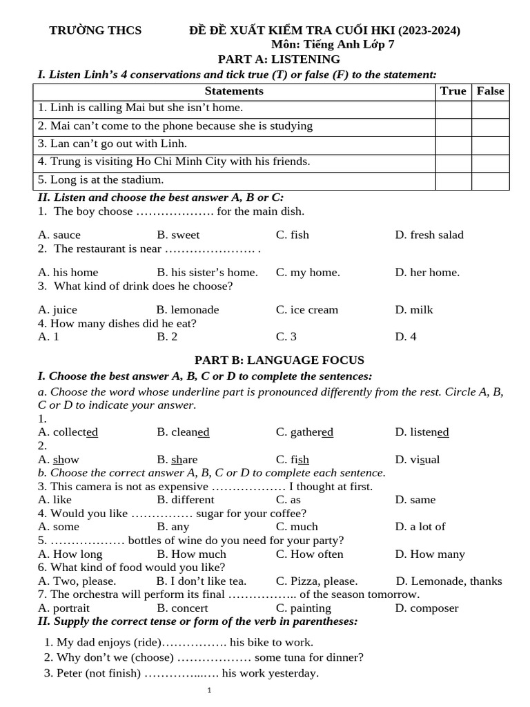 Đề Đề Xuất Anh 7 Hki | PDF | Lunch | Food And Drink