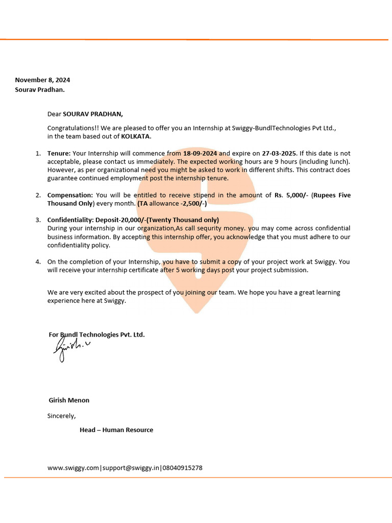 Swiggy Offer Letter | PDF | Trade Secret | Intellectual Property