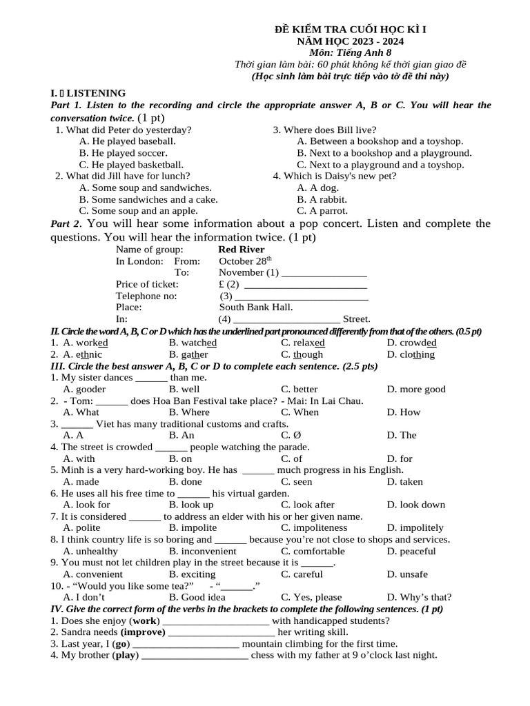 ĐỀ ANH 8 - HK1 | PDF | Vietnam | Vietnamese People