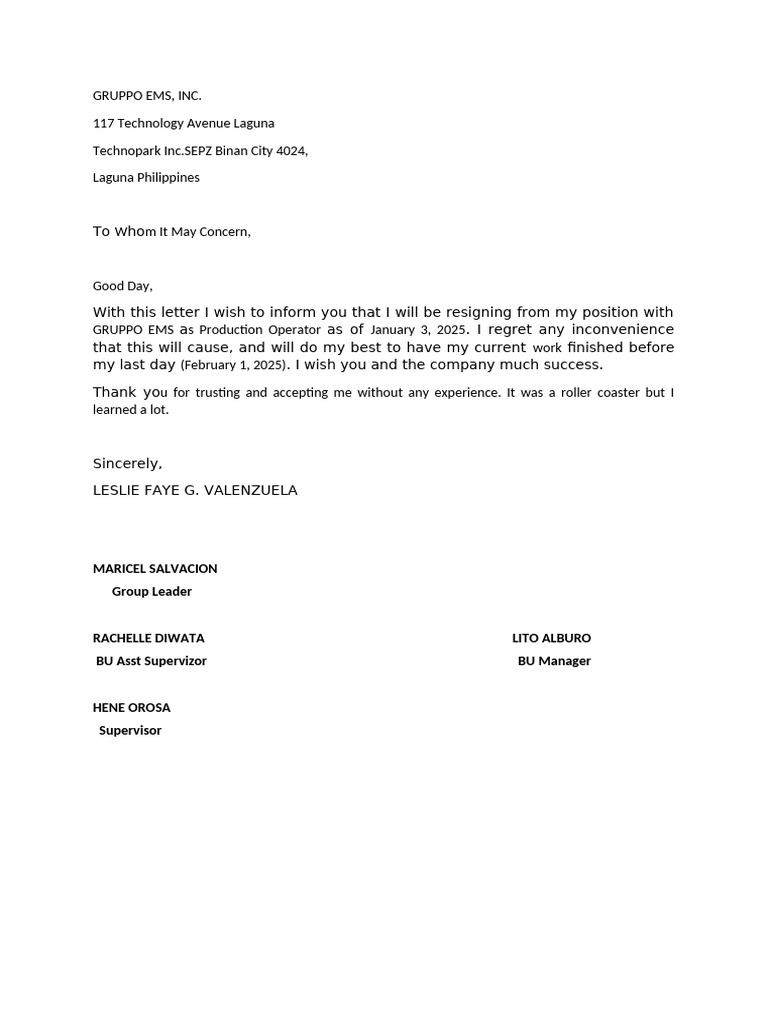 Resignation Letter from Production Operator | PDF