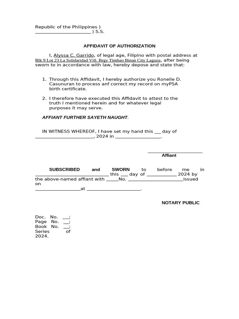 Affidavit of Authorization. | PDF