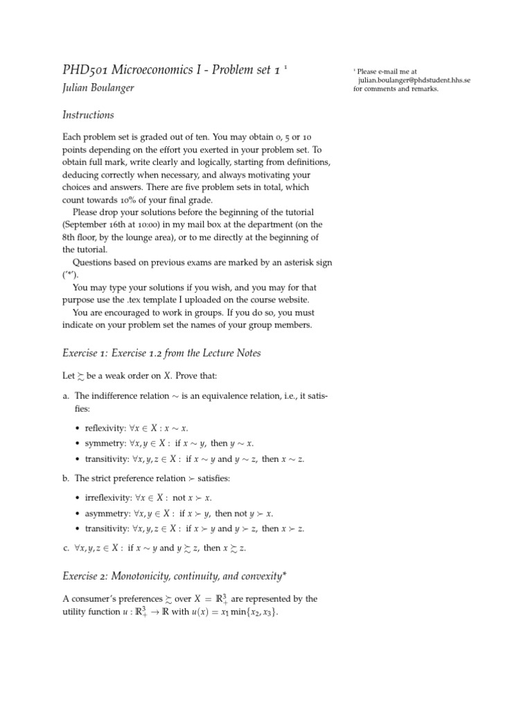 Problemset 1 - PHD501 Micro 1 2016 | PDF | Utility